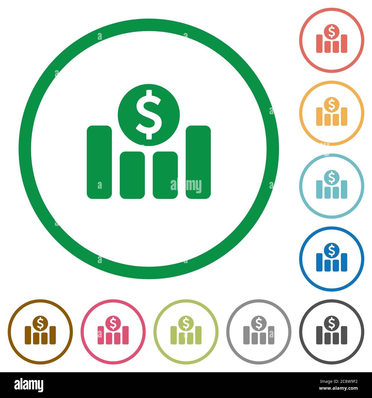 Set of Dollar graph color round outlined flat icons on white background ...