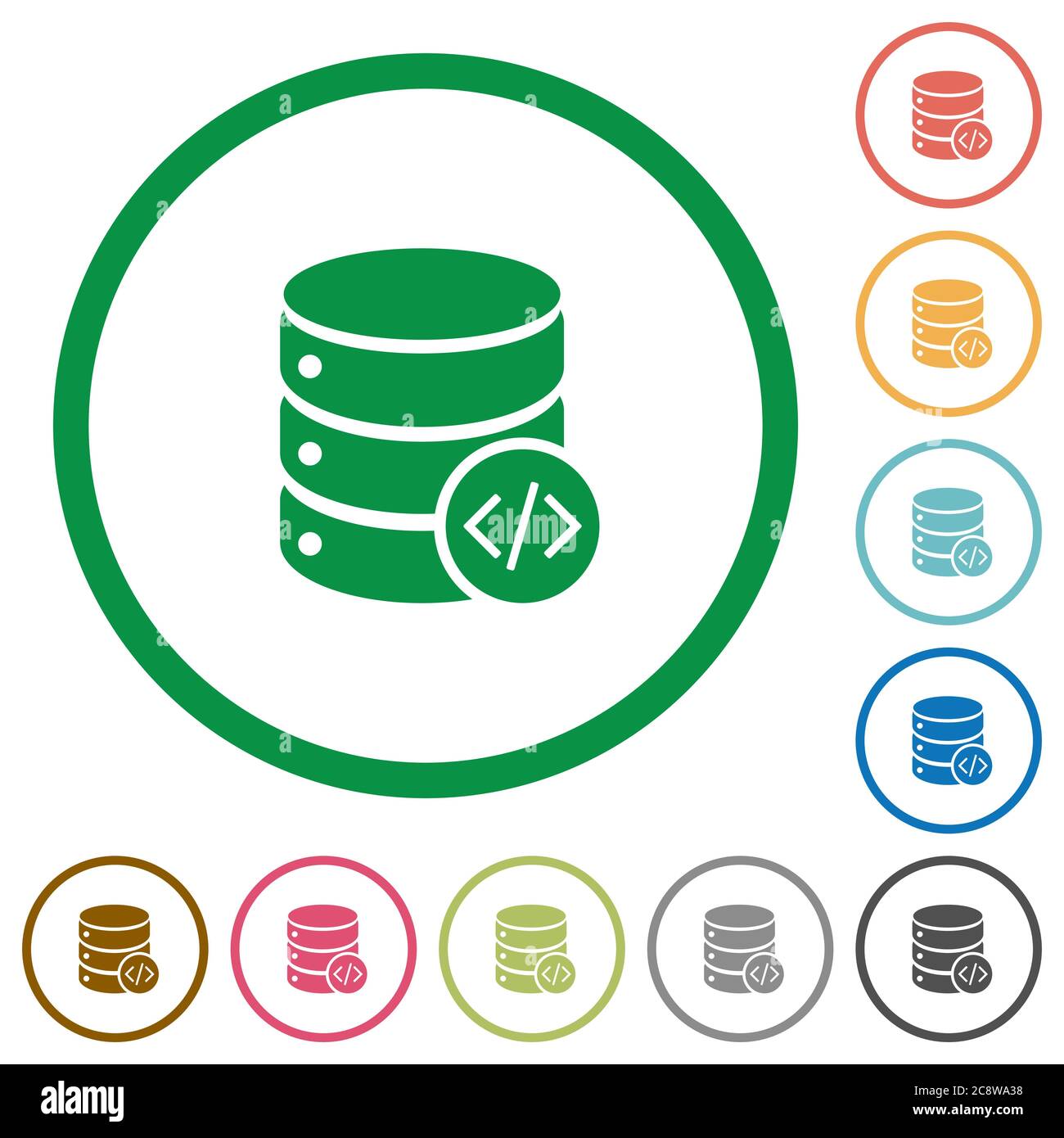 Set of Database programming color round outlined flat icons on white ...