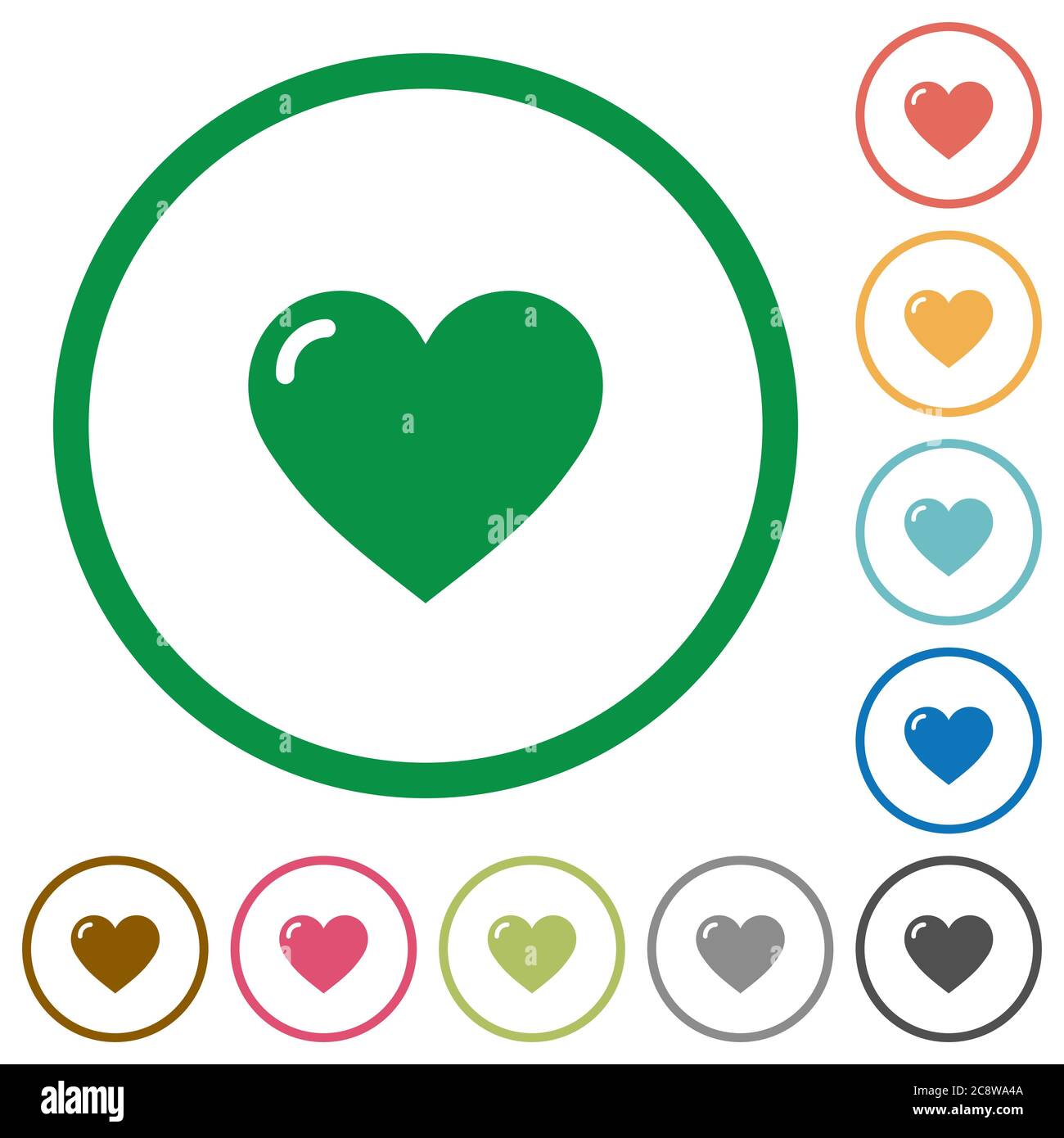 Set of heart shape color round outlined flat icons on white background ...