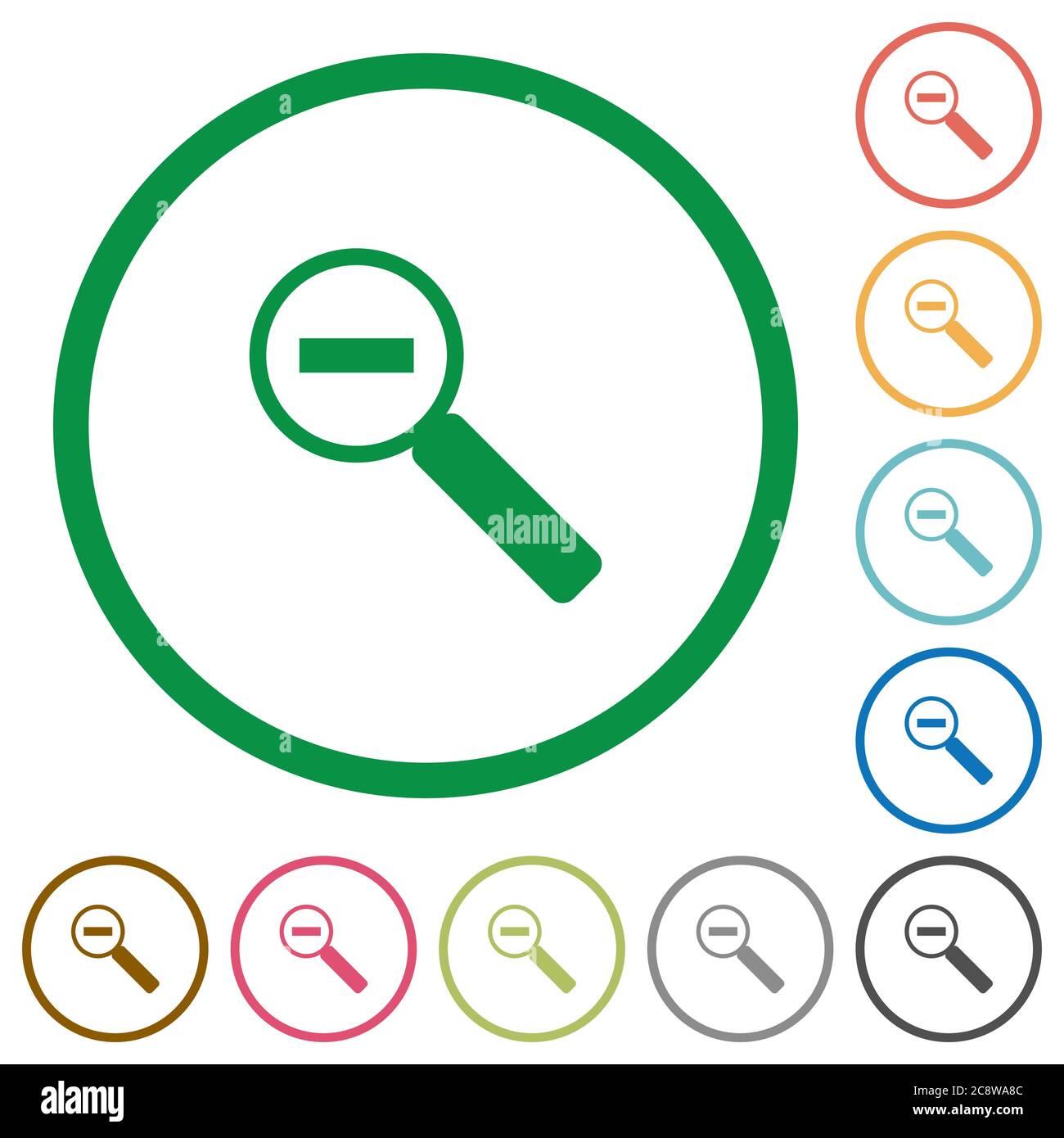 Set of zoom out color round outlined flat icons on white background ...