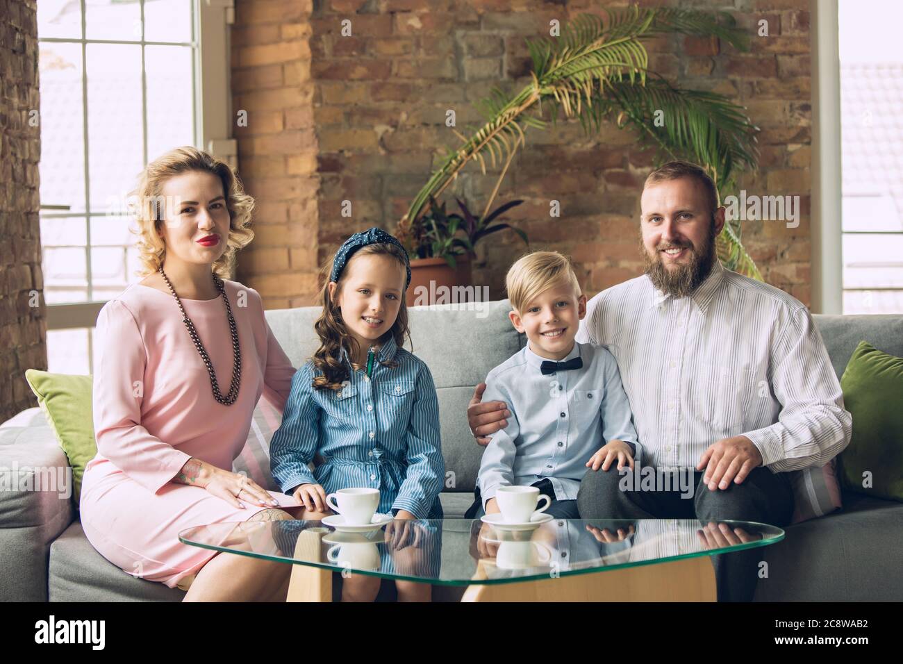 Memory. Happy family traditional portrait, old-fashioned. Cheerful ...
