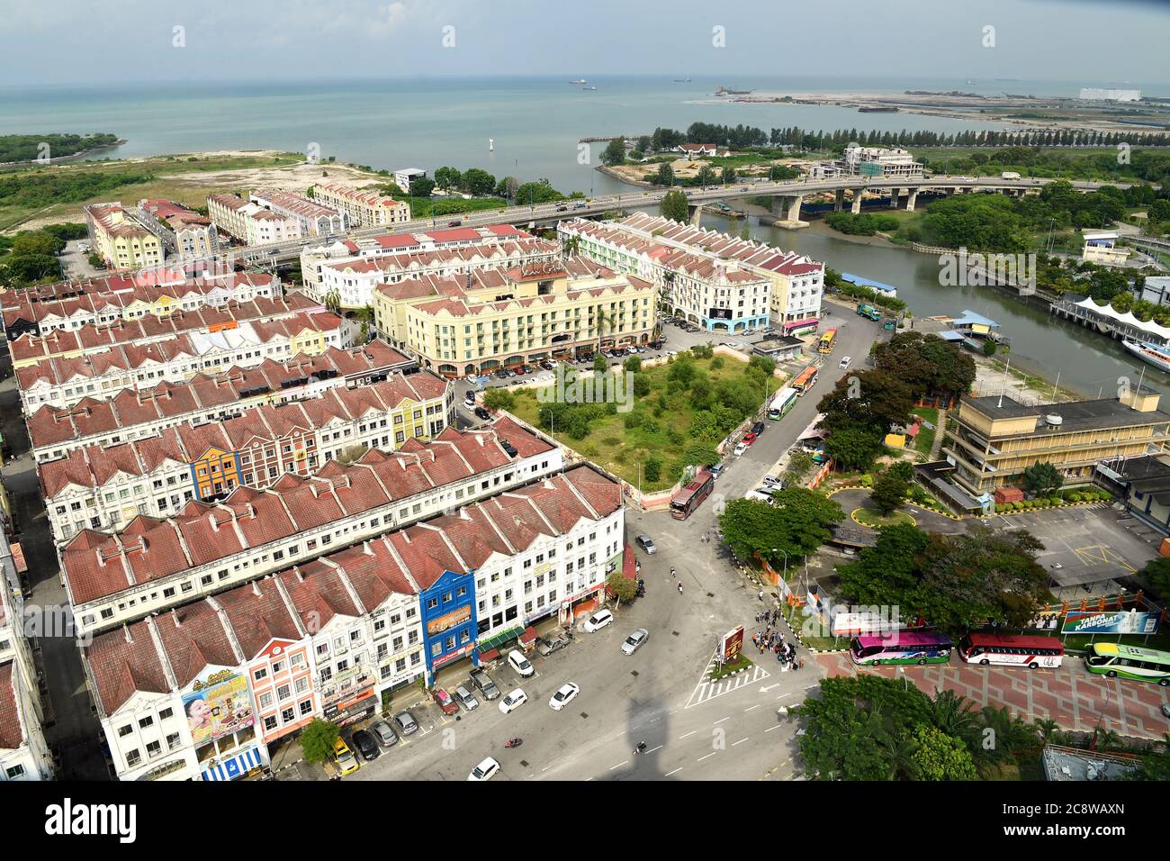 Dutch colonial style houses from above, view of the Malacca River, the ...