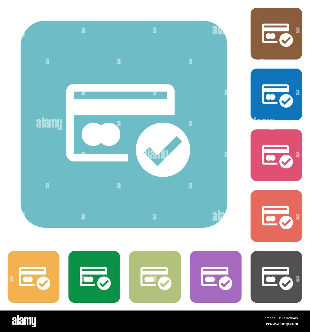 Flat credit card verified icons on rounded square color backgrounds ...