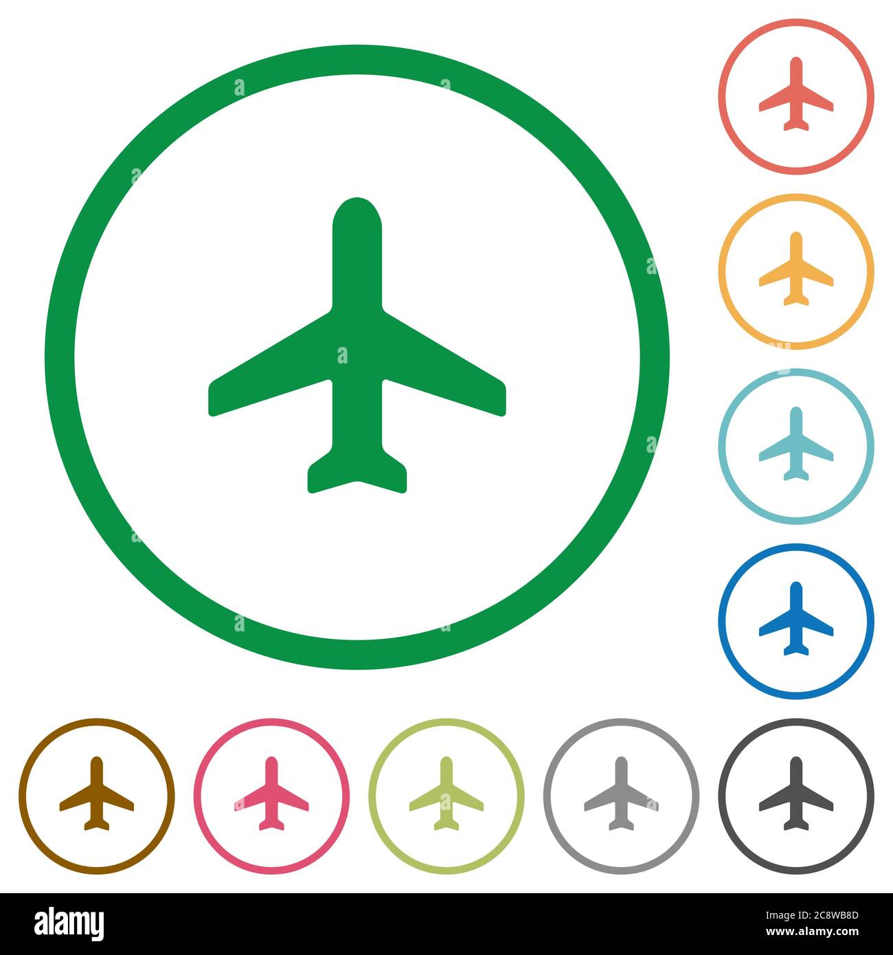 Set of airplane color round outlined flat icons on white background ...