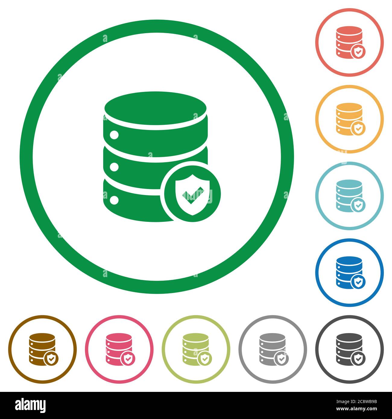 Set of Database protected color round outlined flat icons on white ...