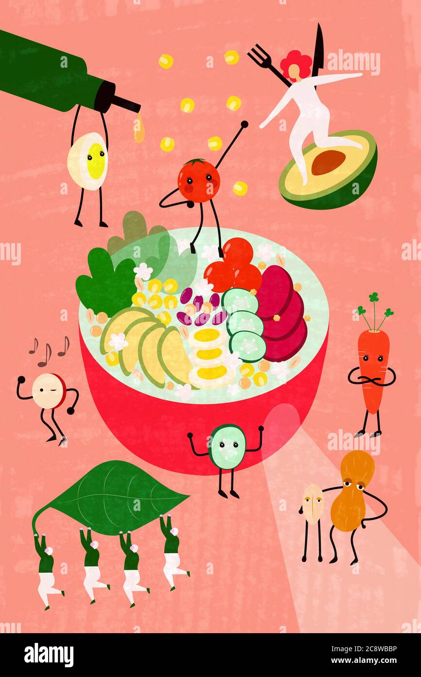 Salad bowl and Vegetable or ingredients characters. Concept ...
