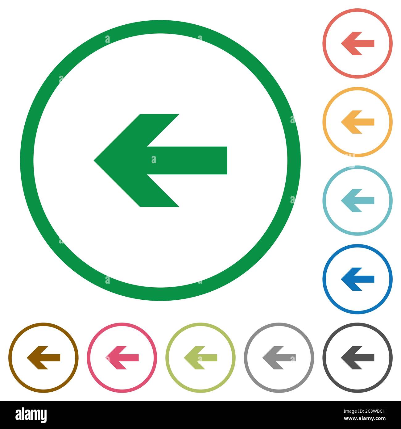 Set of left arrow color round outlined flat icons on white background ...