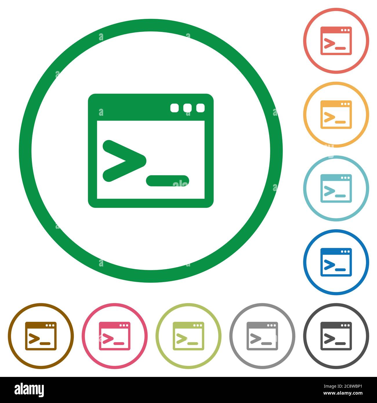 Set of command prompt color round outlined flat icons on white ...