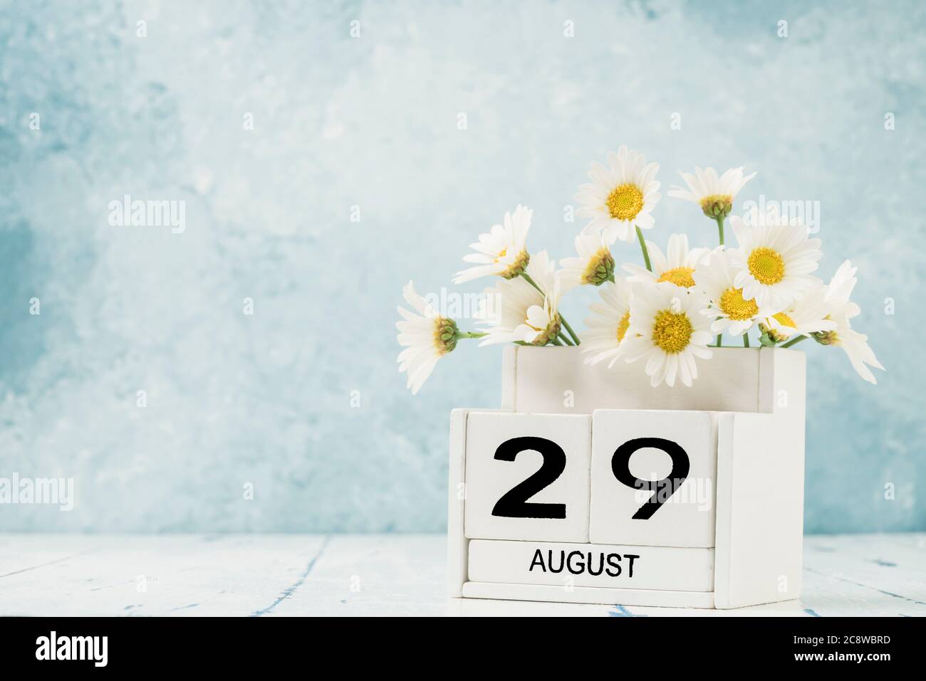 White cube calendar for august decorated with daisy flowers over blue ...