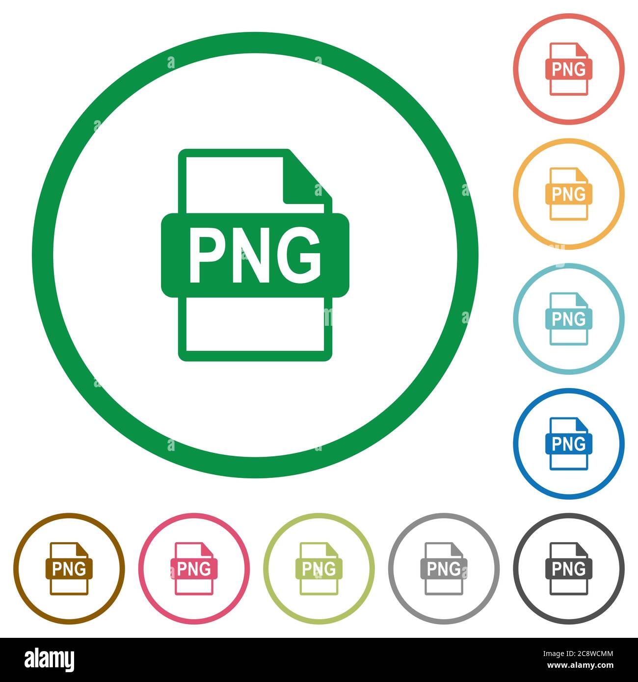 Set of PNG file format color round outlined flat icons on white ...