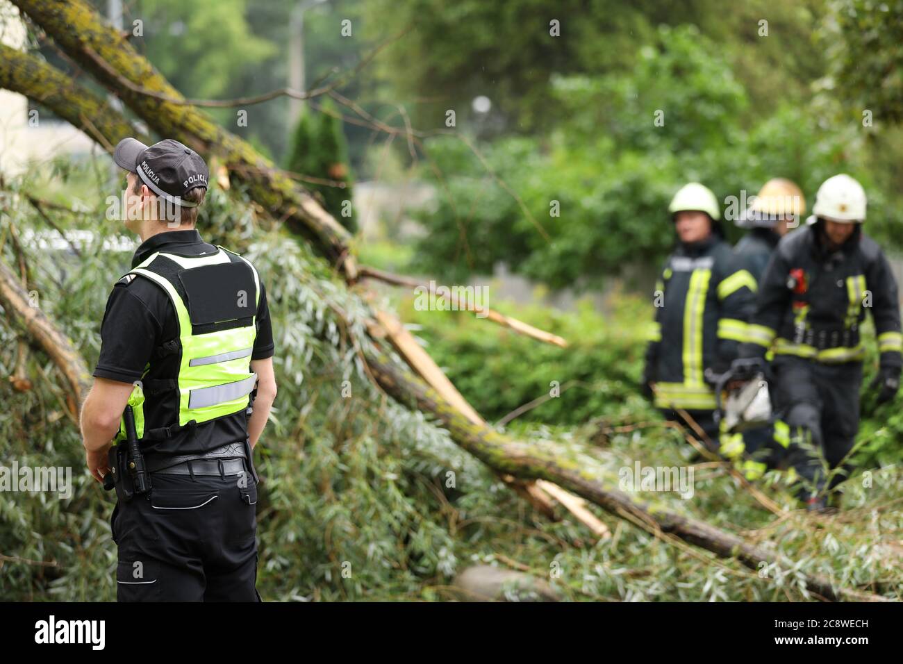 firefighters and police officer help clean up the effects of a fallen ...