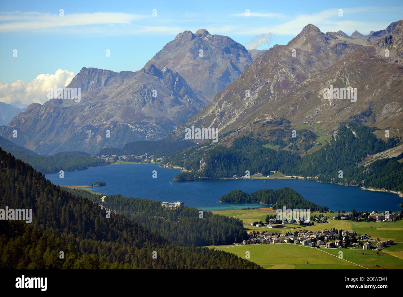 View from Corvatsch cable car to Lake Sils | usage worldwide Stock ...