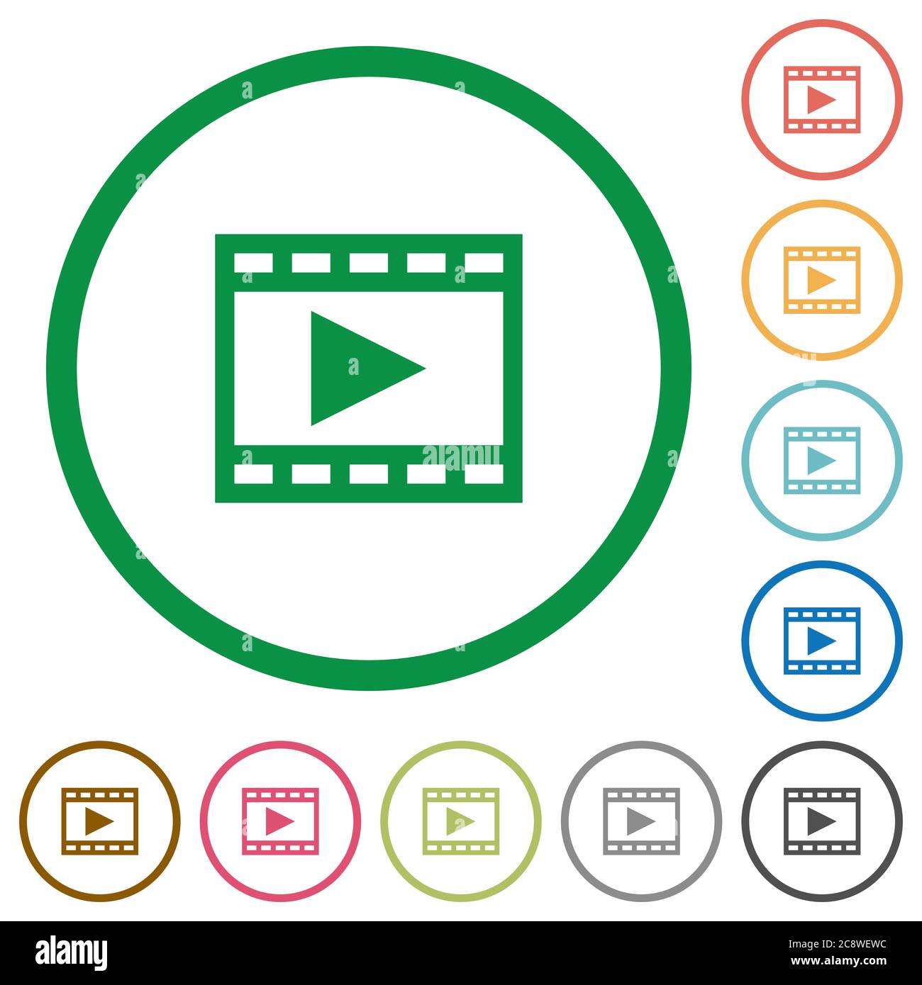 Set of play movie color round outlined flat icons on white background ...