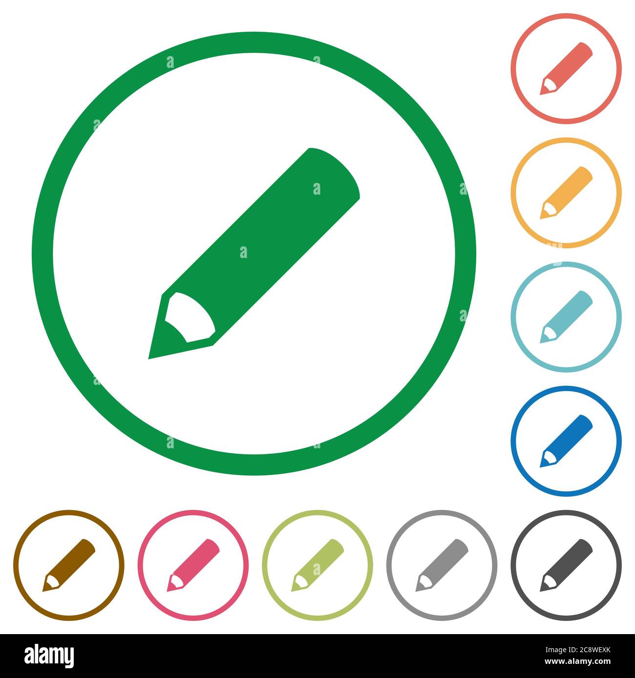 Set of pencil color round outlined flat icons on white background Stock ...