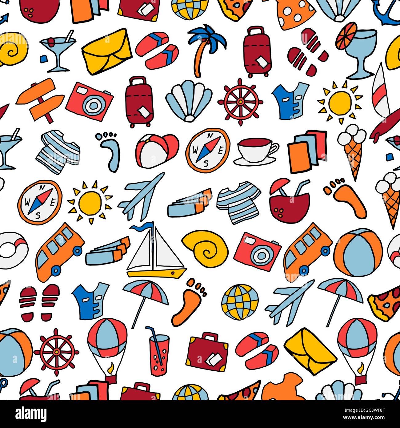 Seamless pattern with colorful cartoon travel items Stock Vector Image ...