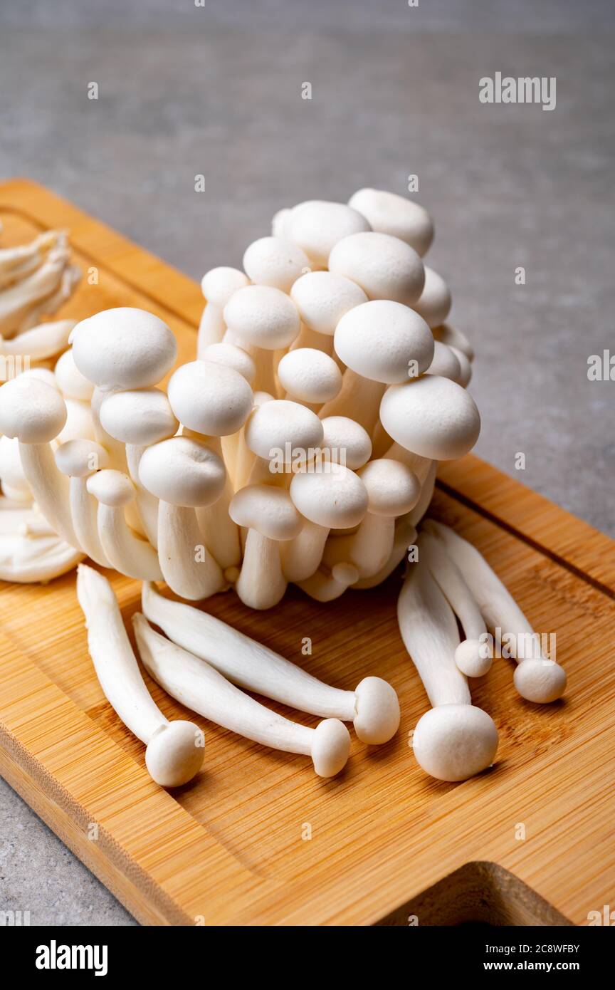 Fresh uncooked bunapi white shimeji edible mushrooms from Asia, rich in ...