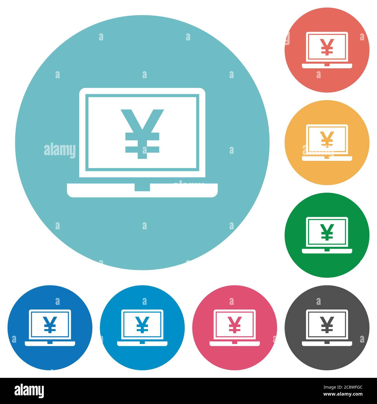 Flat laptop with Yen icon set on round color background Stock Vector ...