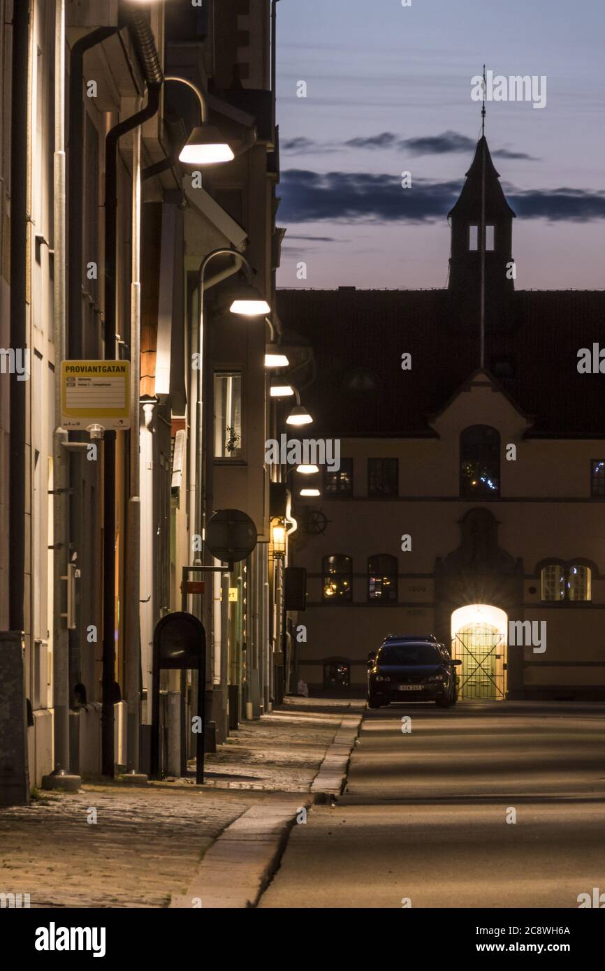 Kalmar, Sweden Night view of Sodra Langgatan and the old Army barracks ...