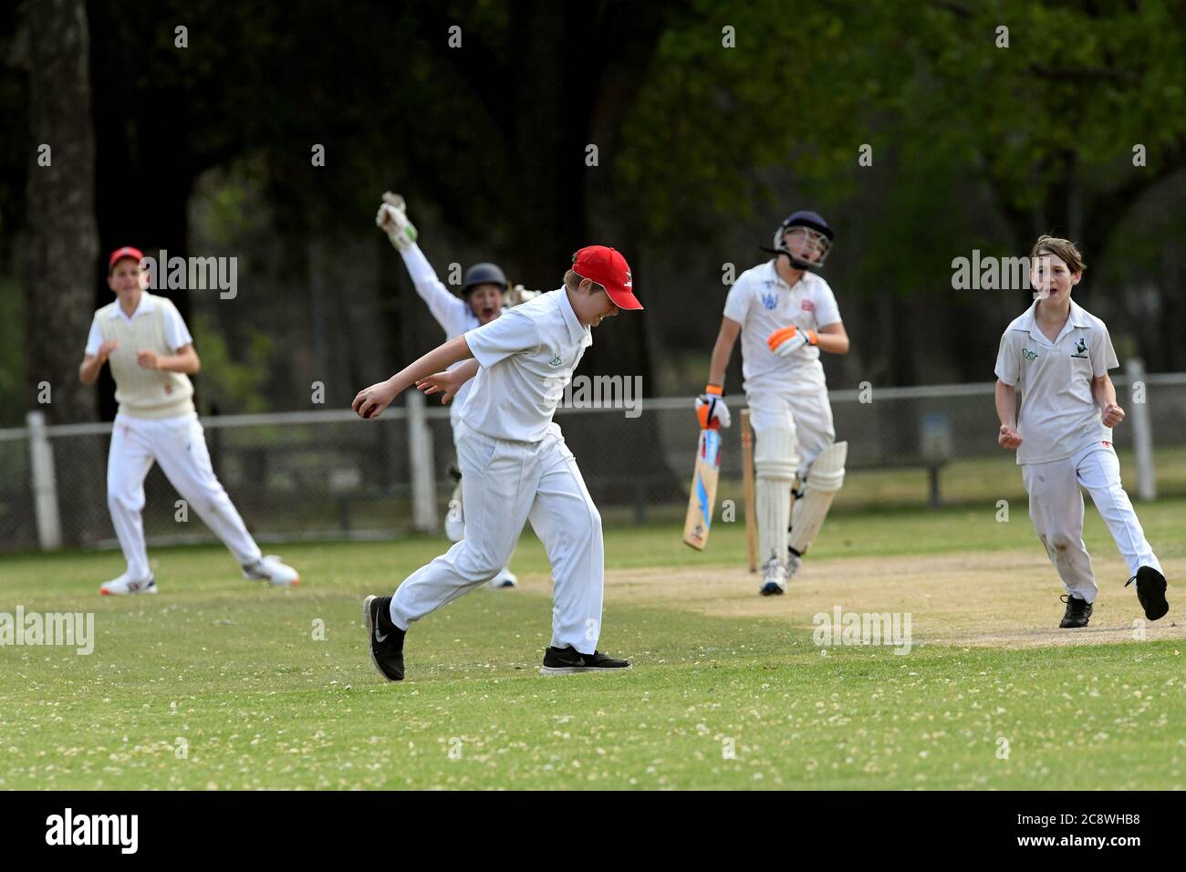 A fielder celebrates after catching the ball during an under 16s ...