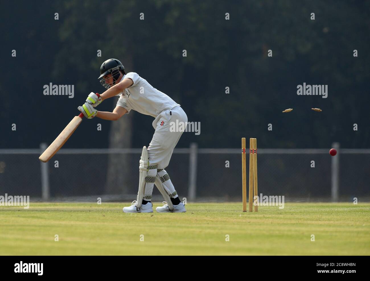 Bails fly above the stumps as a cricketer is bowled out during a ...