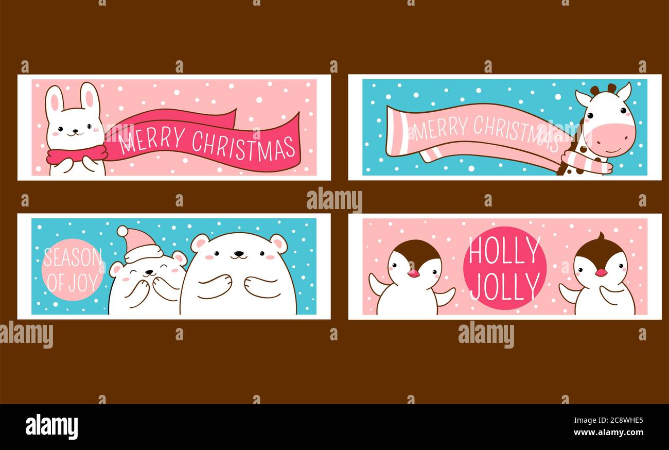 Set of Christmas horizontal banners with cute animals. Faces of lovely ...