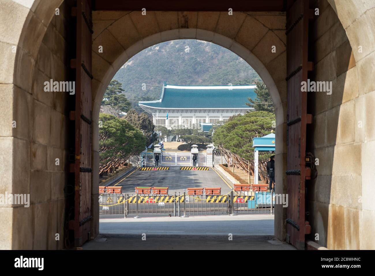 South Korea: Front of the Blue House "Cheongwadae" in Seoul. The Blue ...