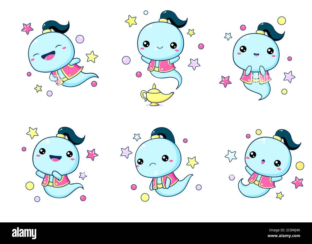 Set of kawaii genie. Collection of little genie expressing different ...