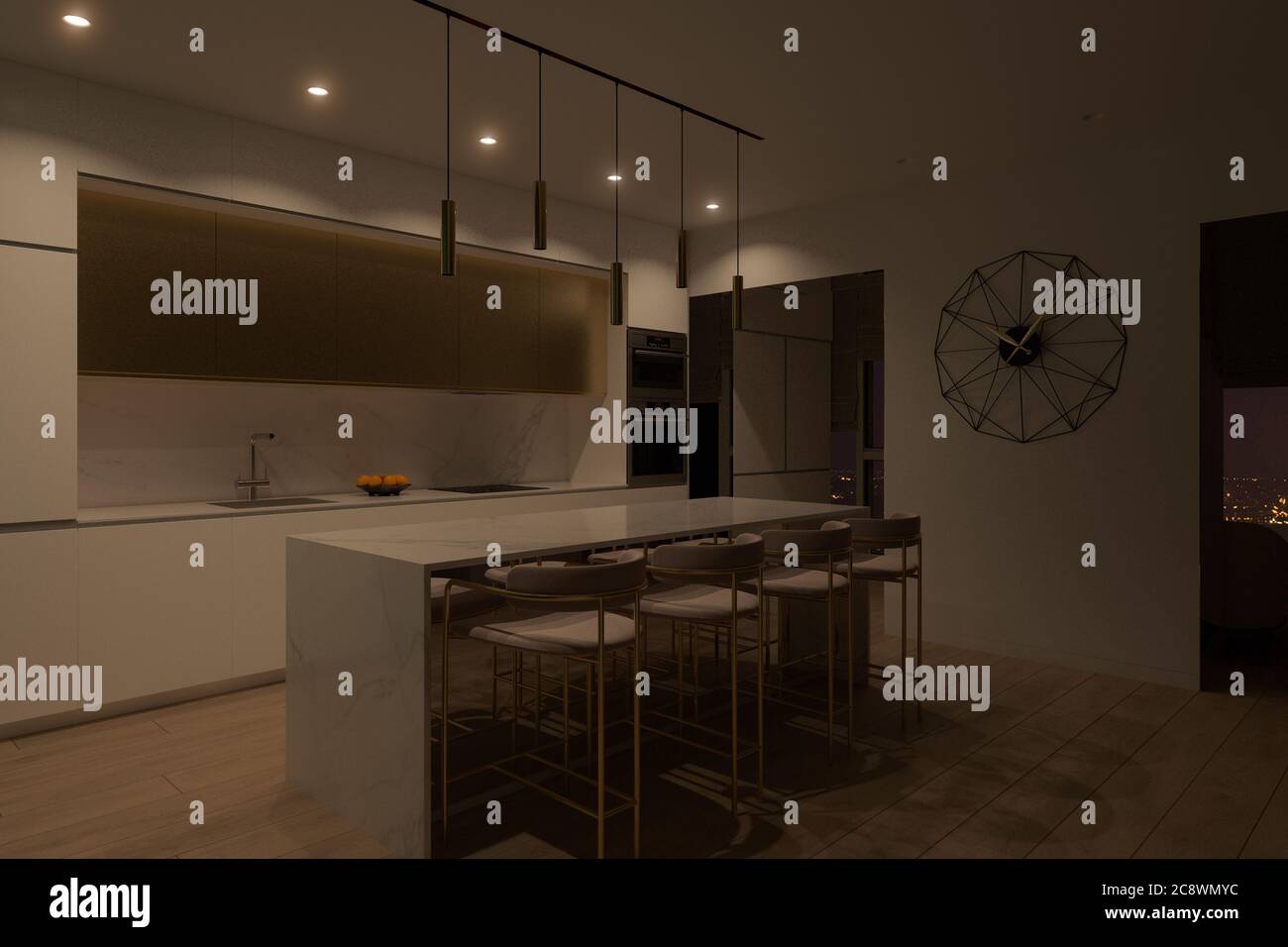 3D illustration of a kitchen with night lighting Stock Photo - Alamy