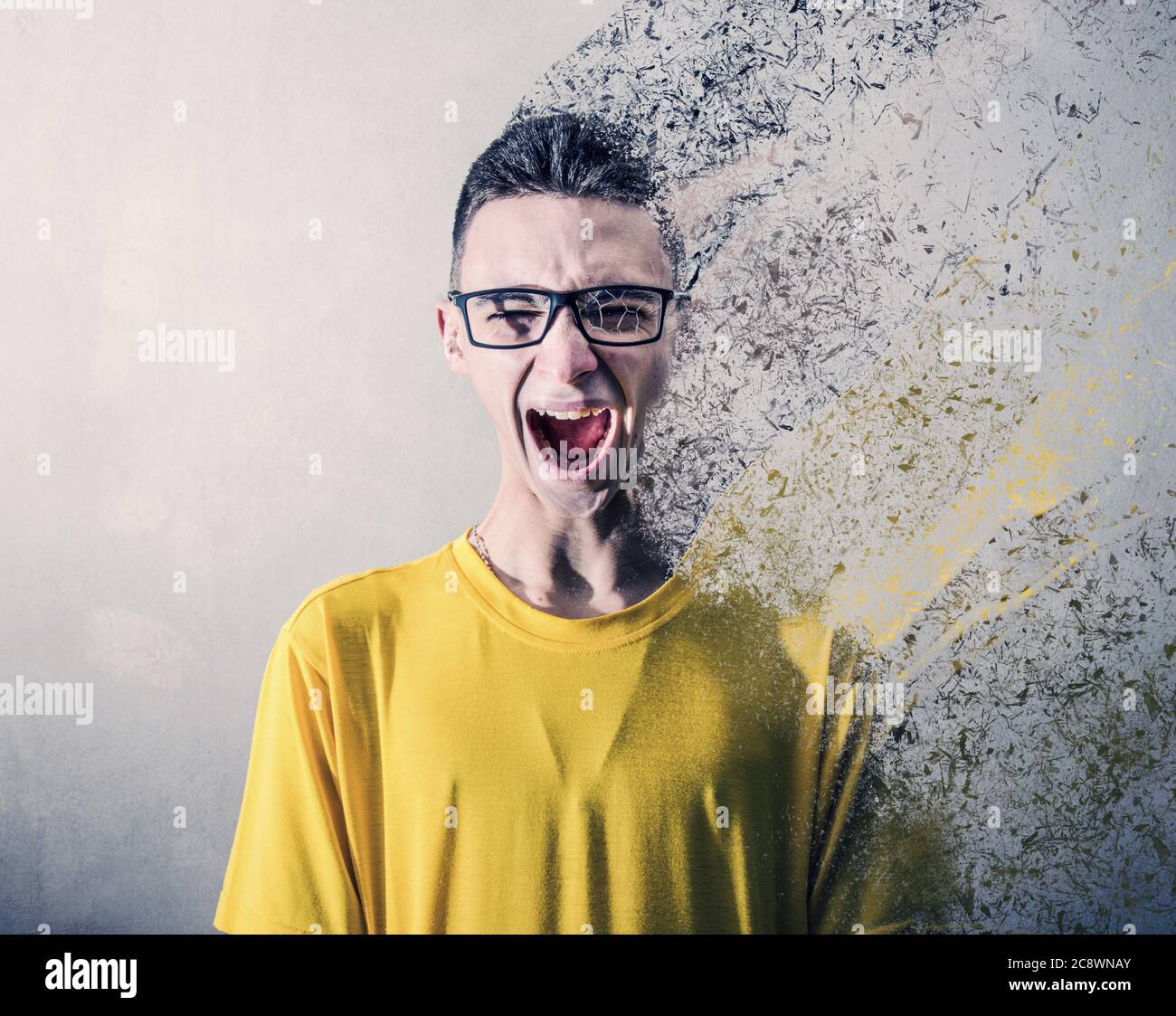 a Boy with yellow T-shirt screaming and shattering Stock Photo - Alamy