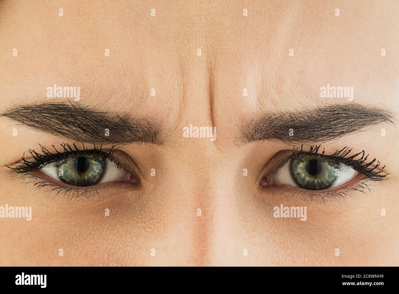 Close up of face, eyes of beautiful caucasian young woman, clear look ...