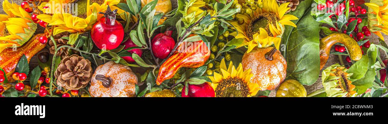 Festive autumn background, still life decor with pumpkins, berries ...