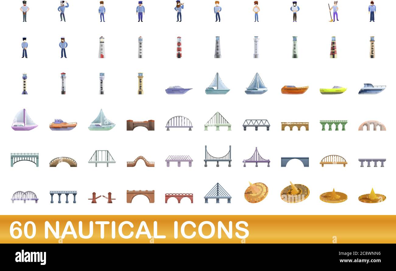 60 nautical icons set. Cartoon illustration of 60 nautical icons vector ...
