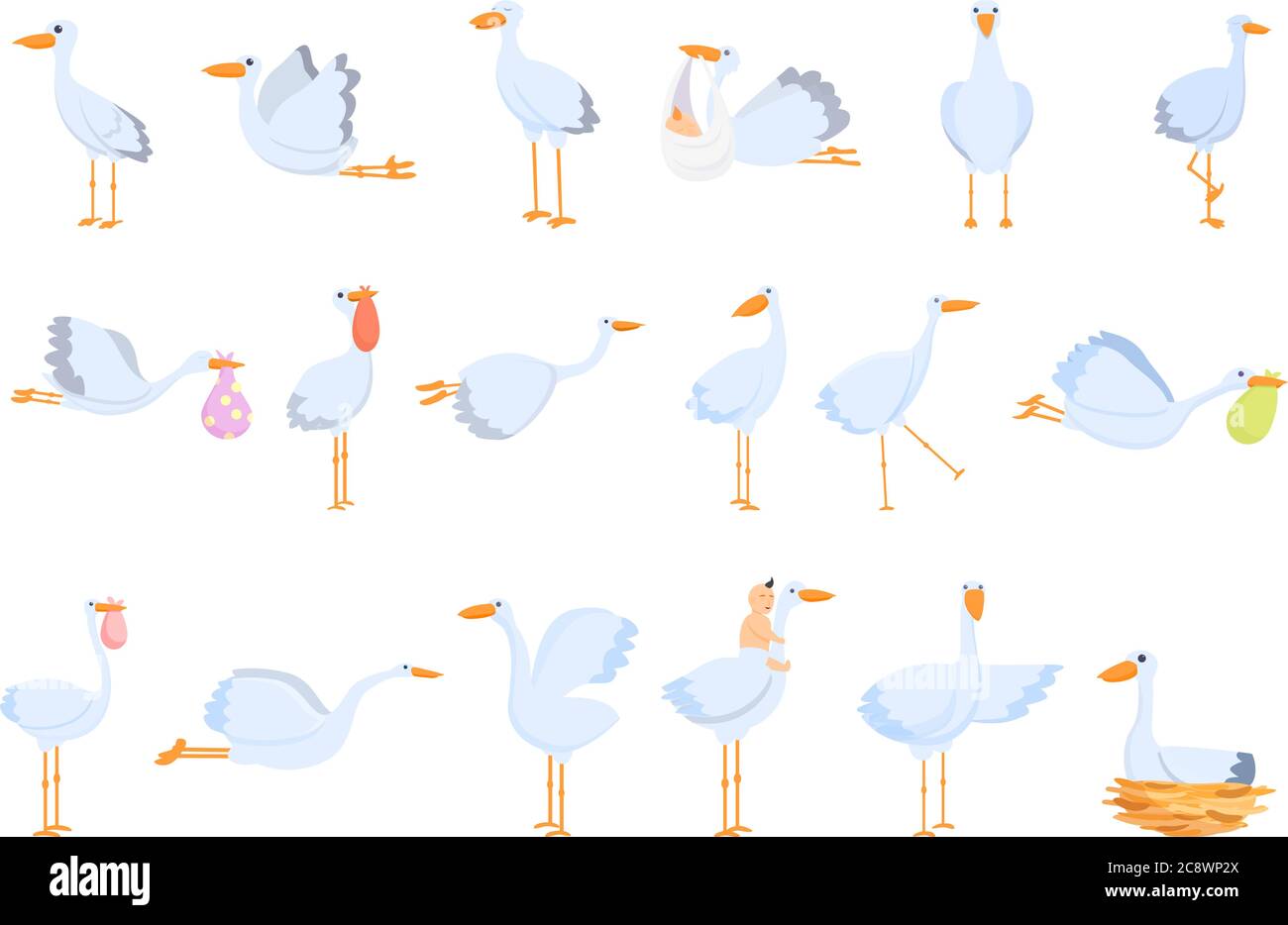 Stork icons set. Cartoon set of stork vector icons for web design Stock ...