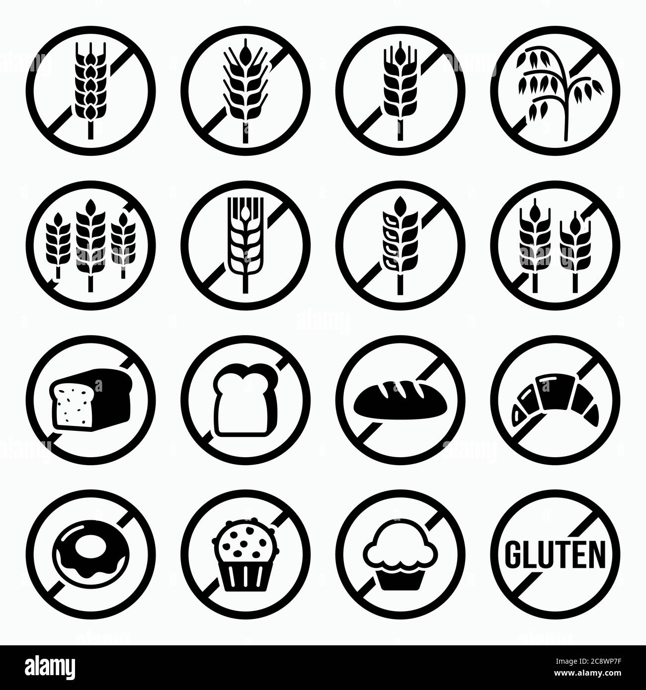 Gluten free warning signs vector set icons- no wheat on food, no bread ...