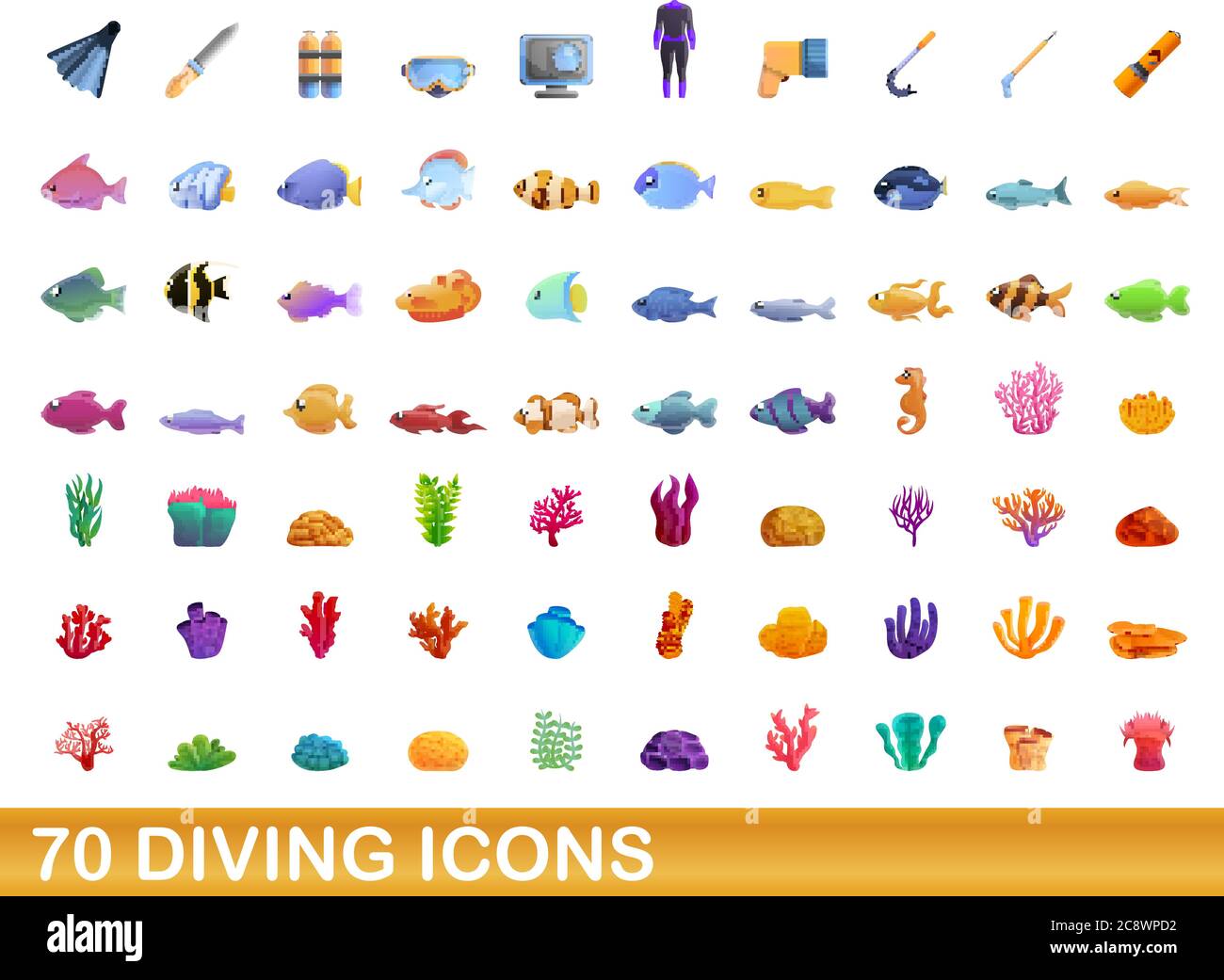 70 diving icons set. Cartoon illustration of 70 diving icons vector set ...