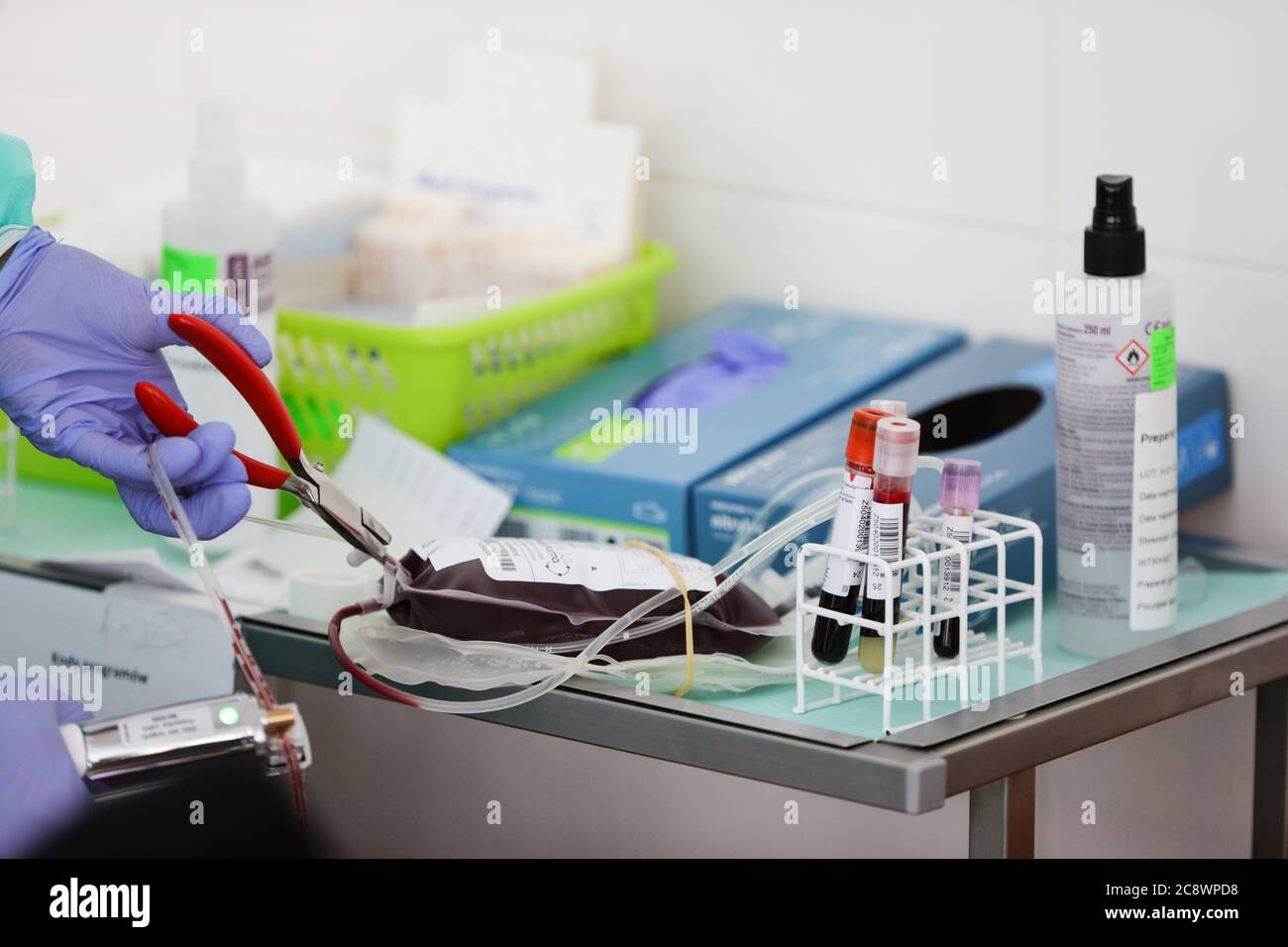 Container with donor blood seen in the laboratory. The regional blood ...