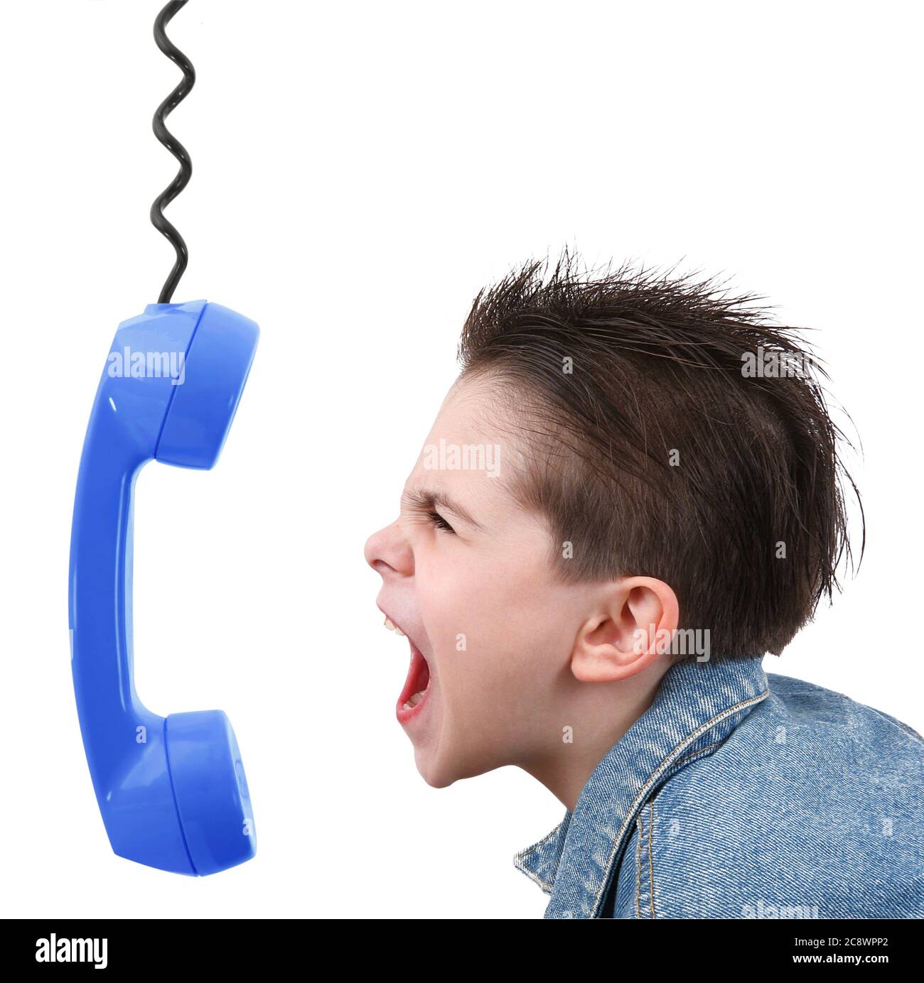 young boy in anger with blue phone Stock Photo - Alamy