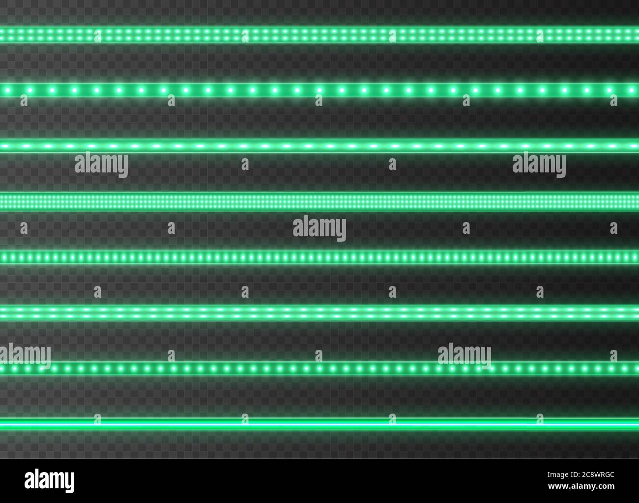 Green LED strips collection, bright luminous ribbons isolated on a ...