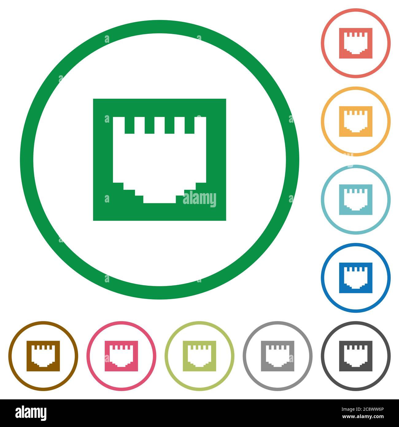 Set of ethernet connector color round outlined flat icons on white ...
