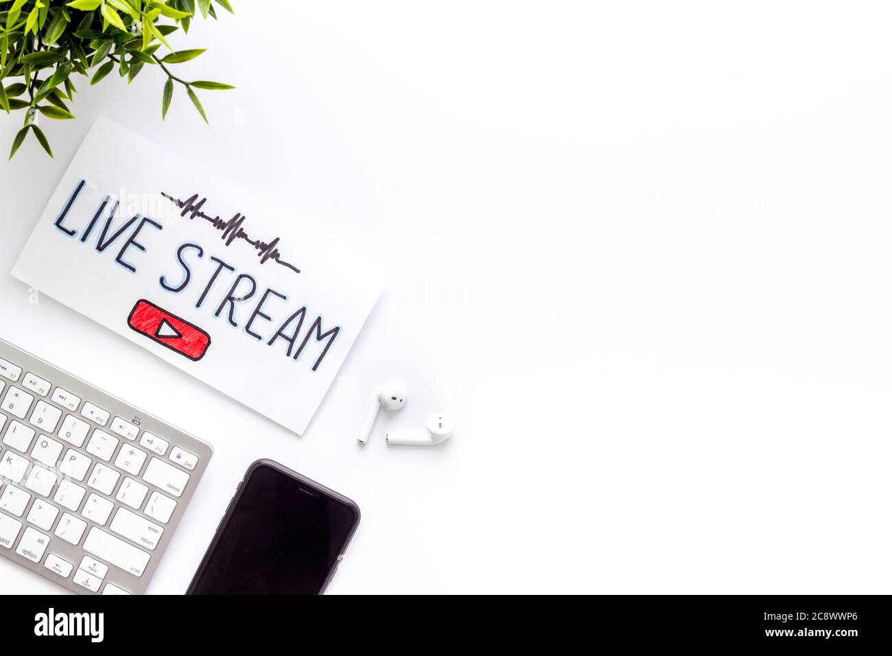 Streaming video concept - tablet on office workplace. Top view Stock ...