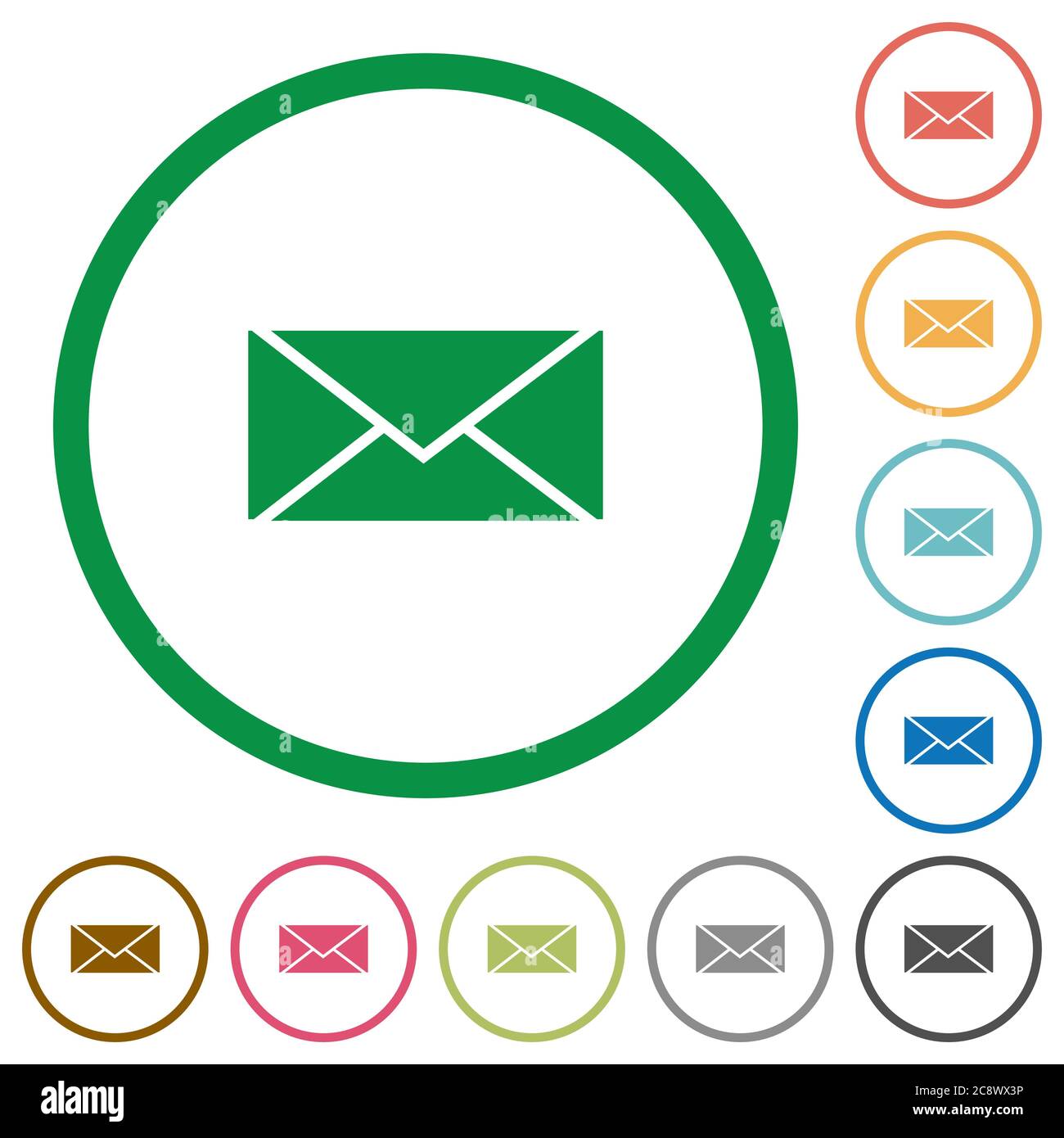 Set of envelope color round outlined flat icons on white background ...