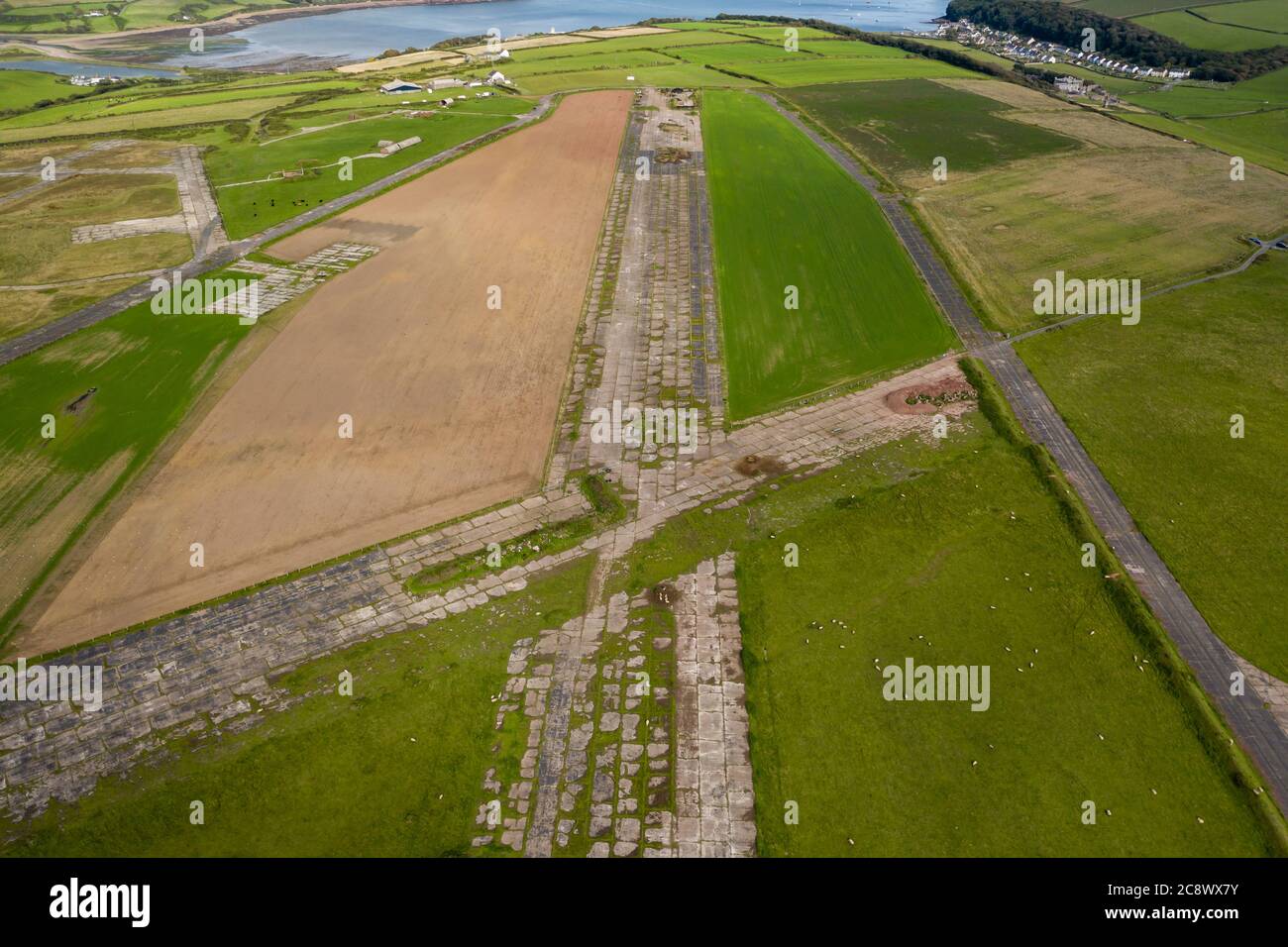 Aerial view of an old, abandoned ww2 airfield and runway (RNAS Dale ...