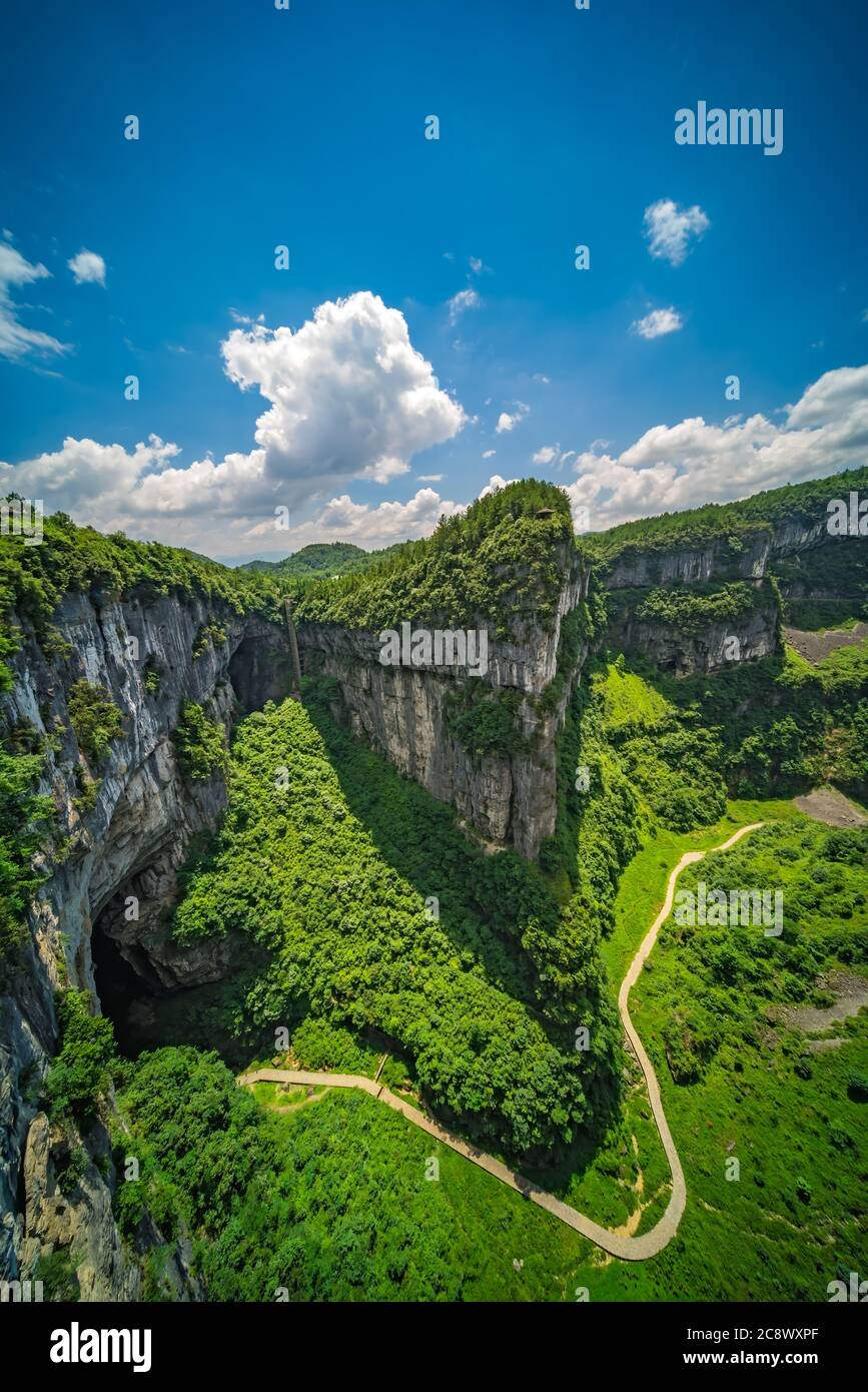 Vertical view of the gorge valley and karst limestone rock formations ...