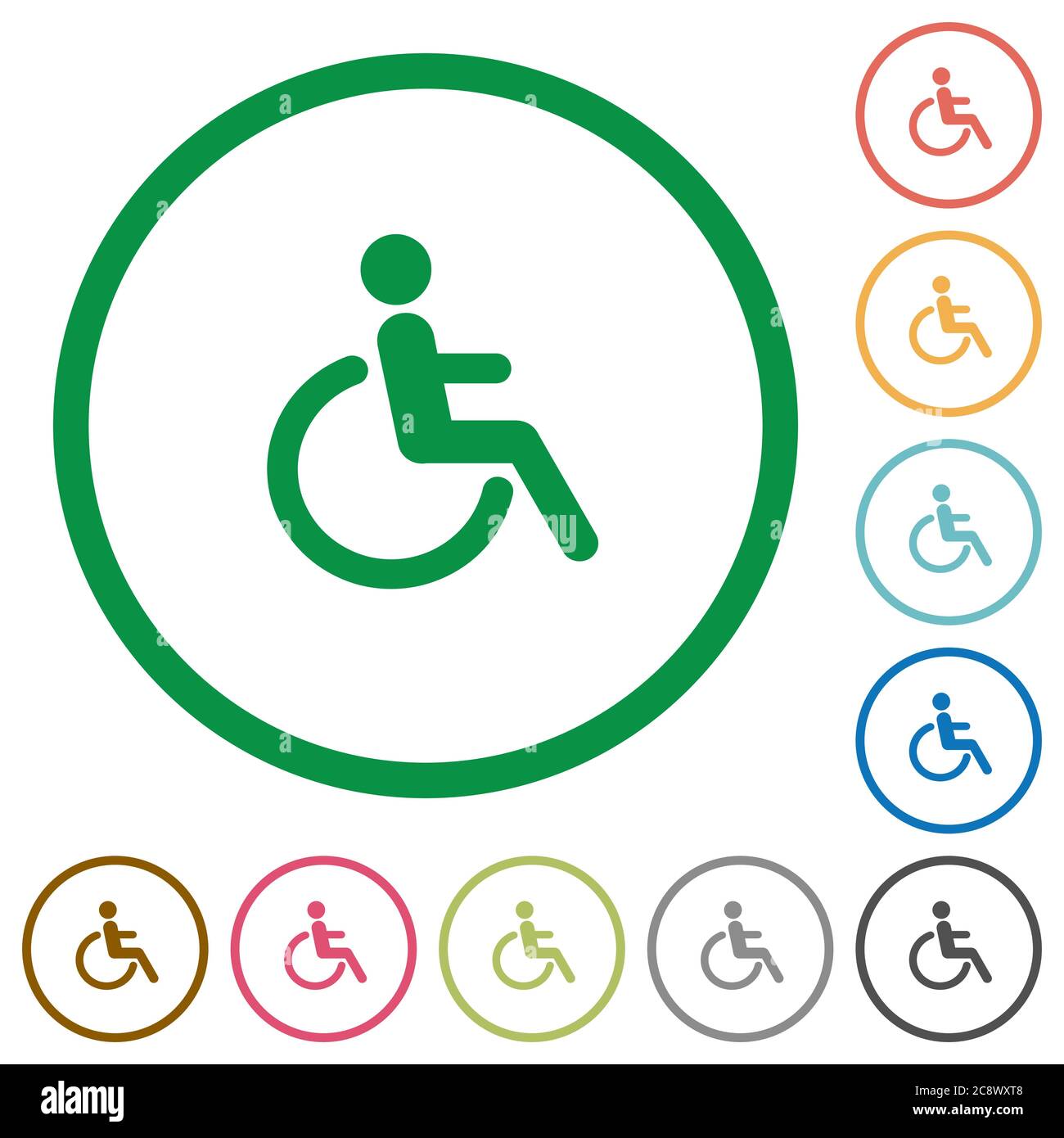 Set of disability color round outlined flat icons on white background ...