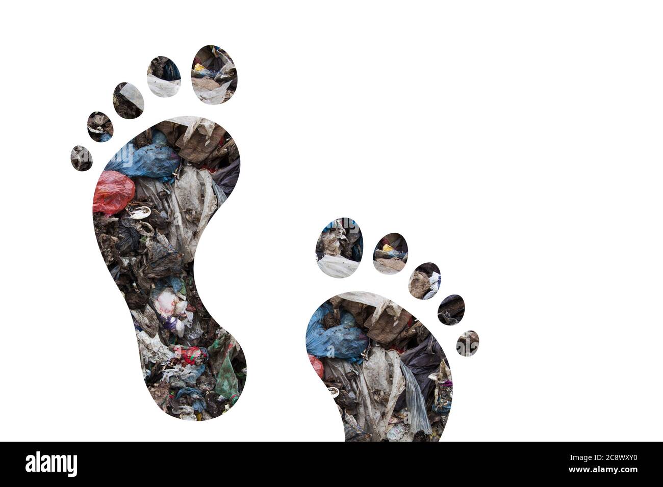 Isolated shot of human footprints made of trash on a white background ...