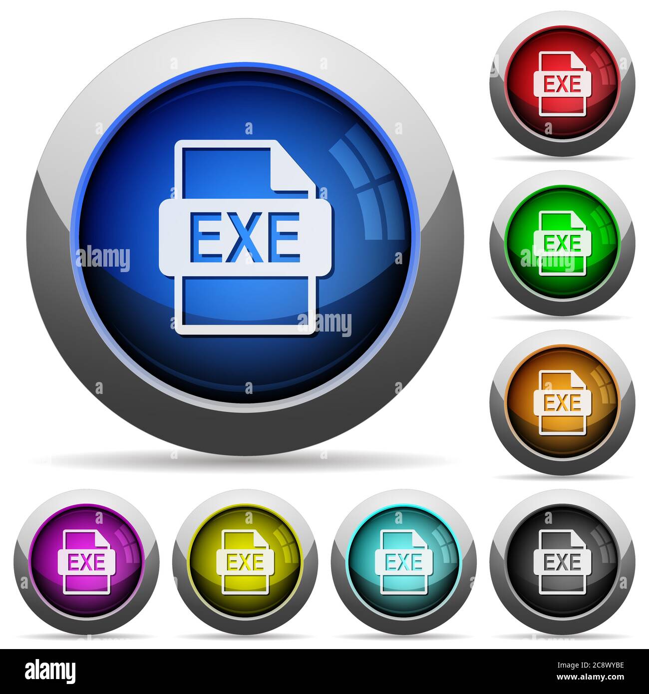 Set of round glossy EXE file format buttons. Arranged layer structure ...