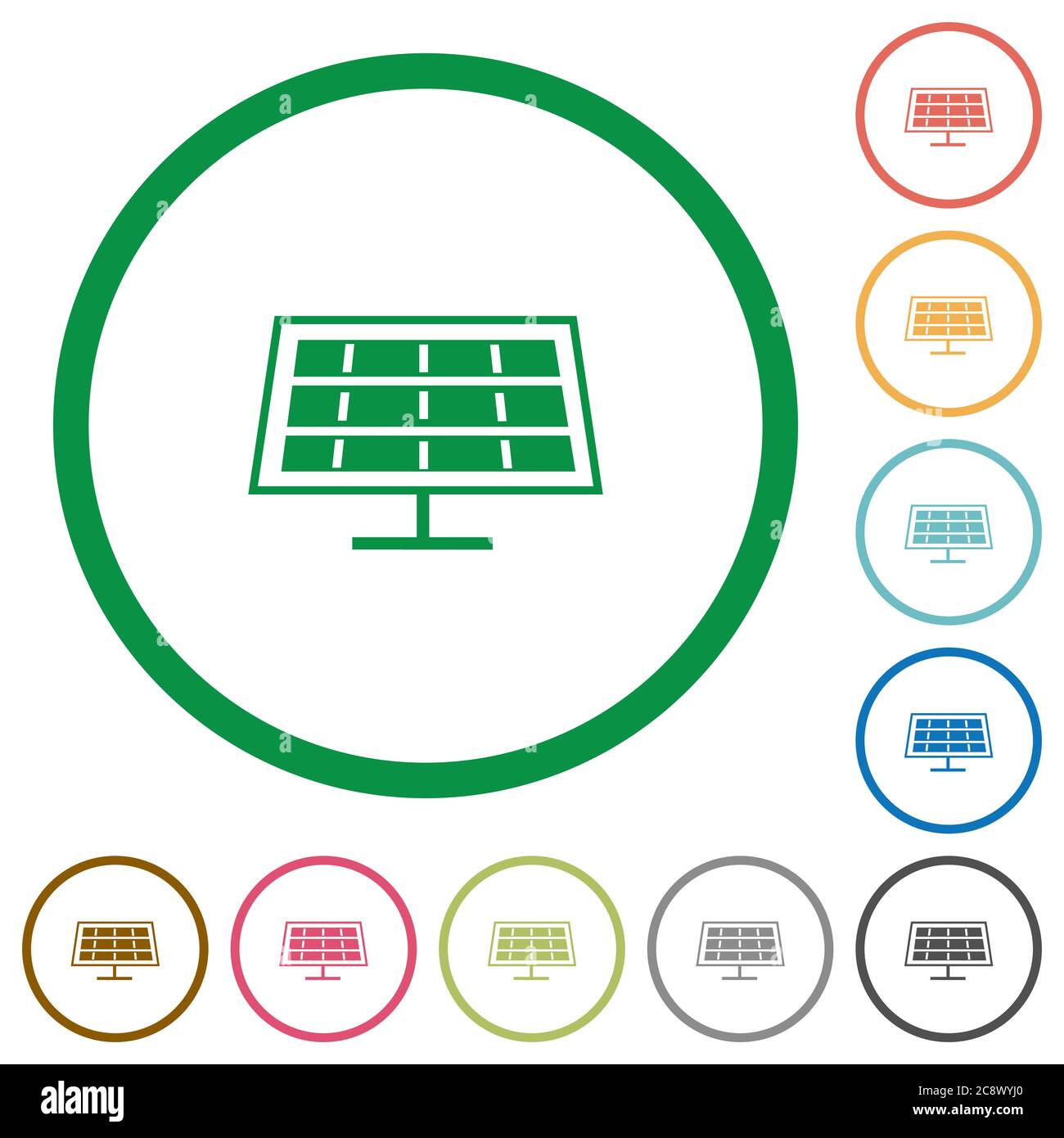 Set of solar panel color round outlined flat icons on white background ...