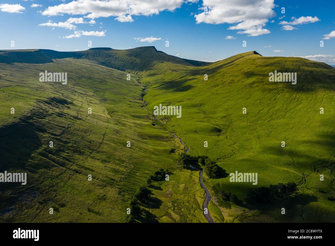 Aerial view of the main peaks of mountains in the Brecon Beacons ...