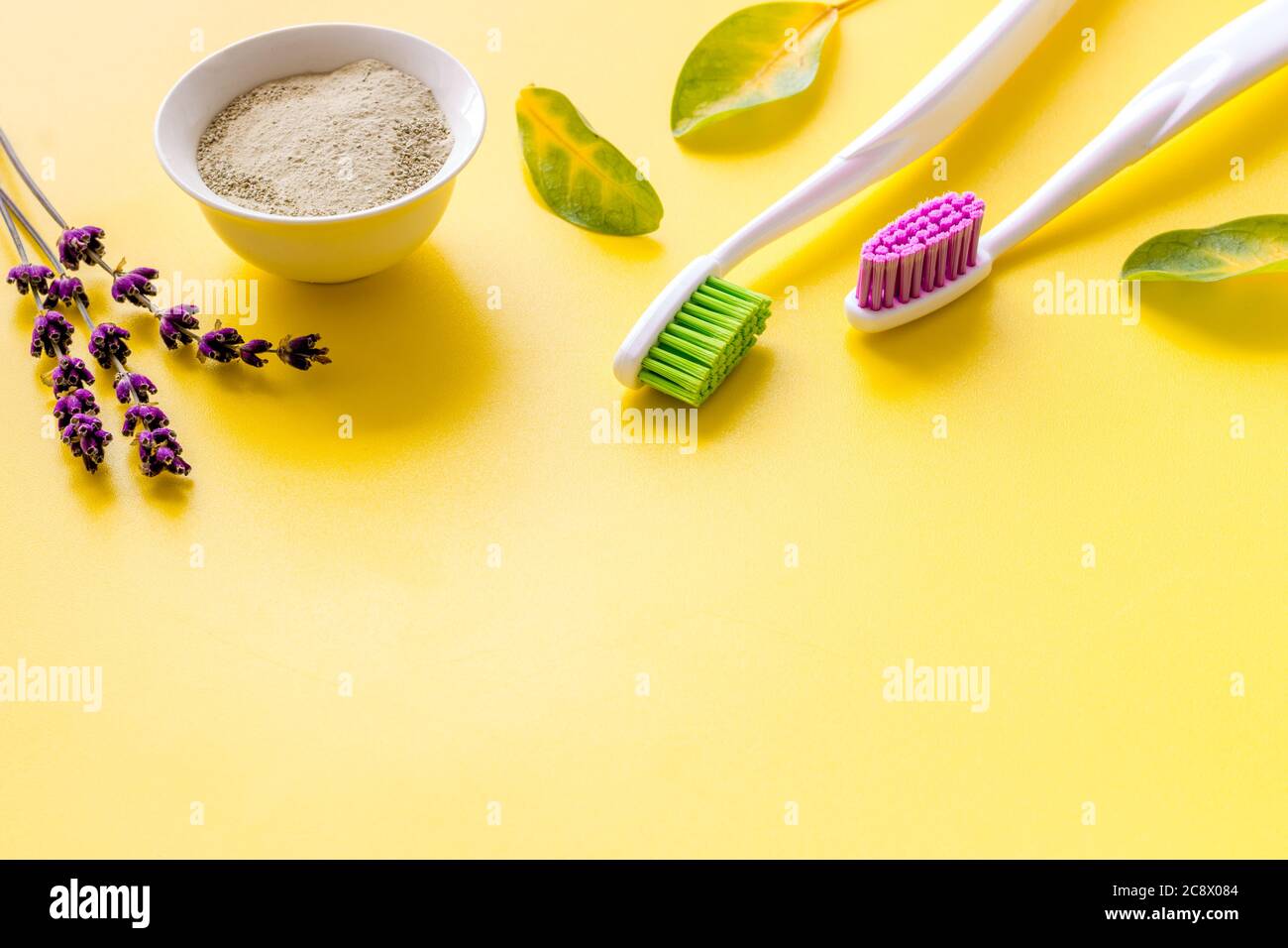 Herbal dental tooth powder with toothbrush. Health care and hygiene ...