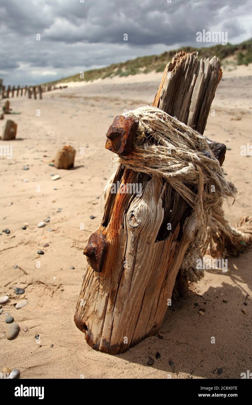 Timber sea defences and rope washed ashore at Spurn Point, near Kilnsea ...